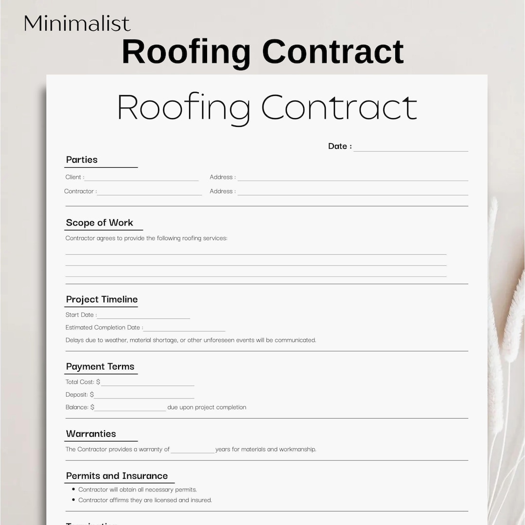 Minimalist Roofing Contract Template, Simple Roofer Contract, Printable ...