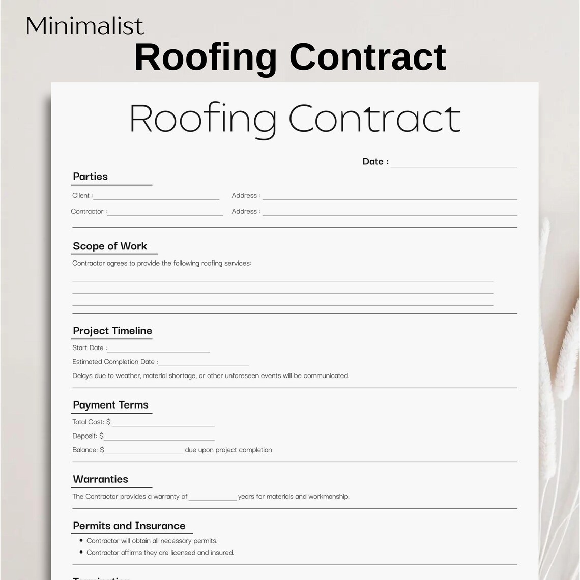 Minimalist Roofing Contract Template, Simple Roofer Contract, Printable ...
