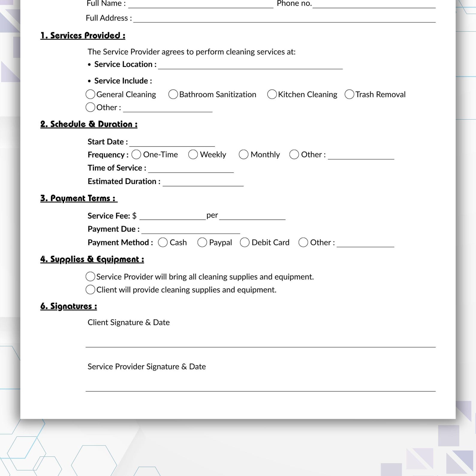 Editable Cleaning Service Agreement Template, Single Page Cleaning ...