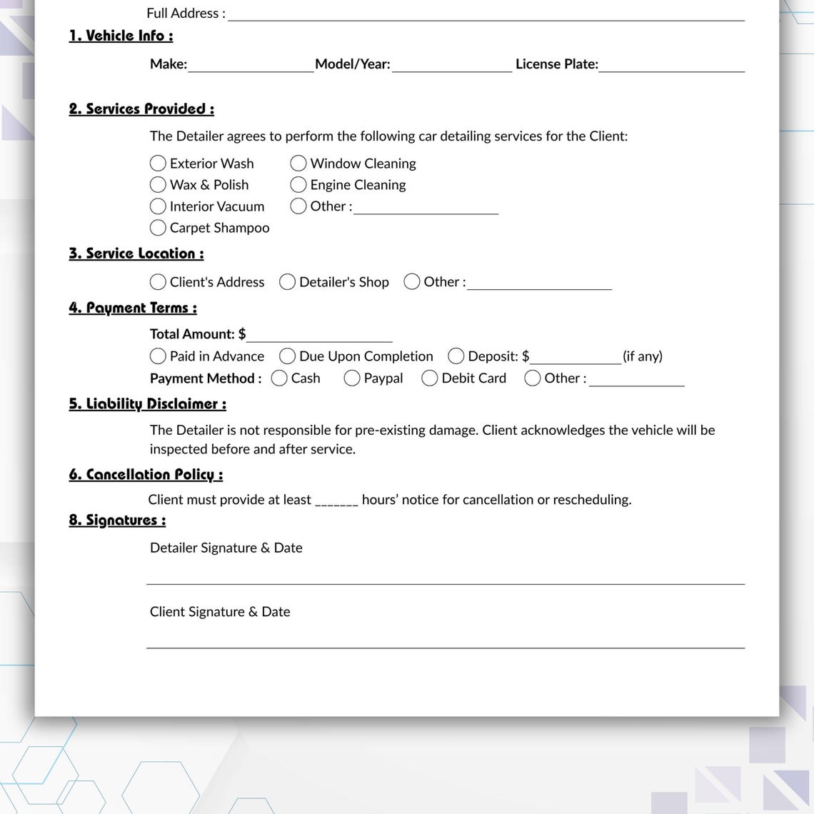 Editable Car Detailing Contract Template, Single Detailing Service ...