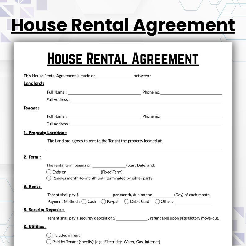 Editable House Rental Agreement Template, Single Page Landlord Forms ...