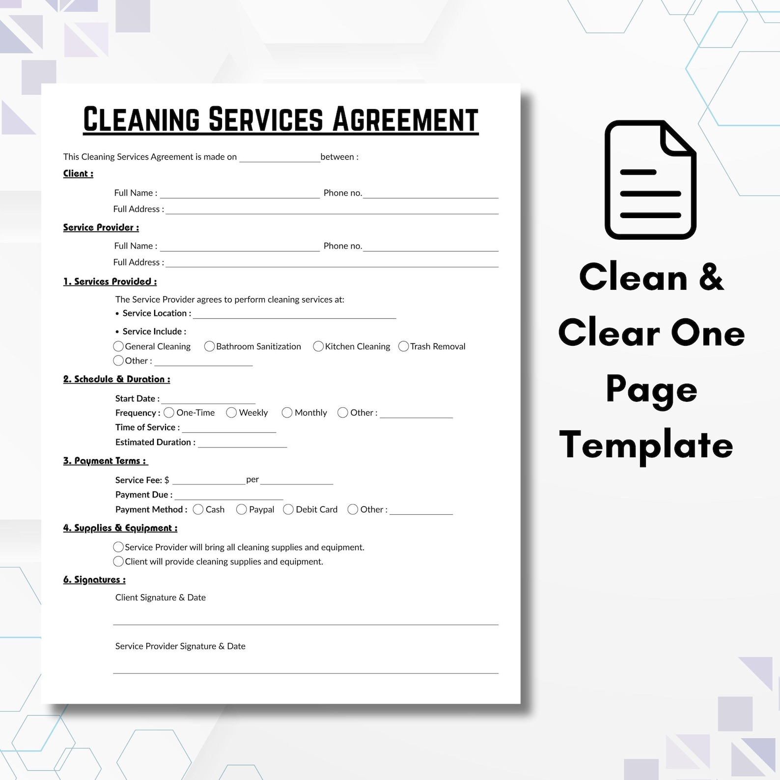 Editable Cleaning Service Agreement Template, Single Page Cleaning ...