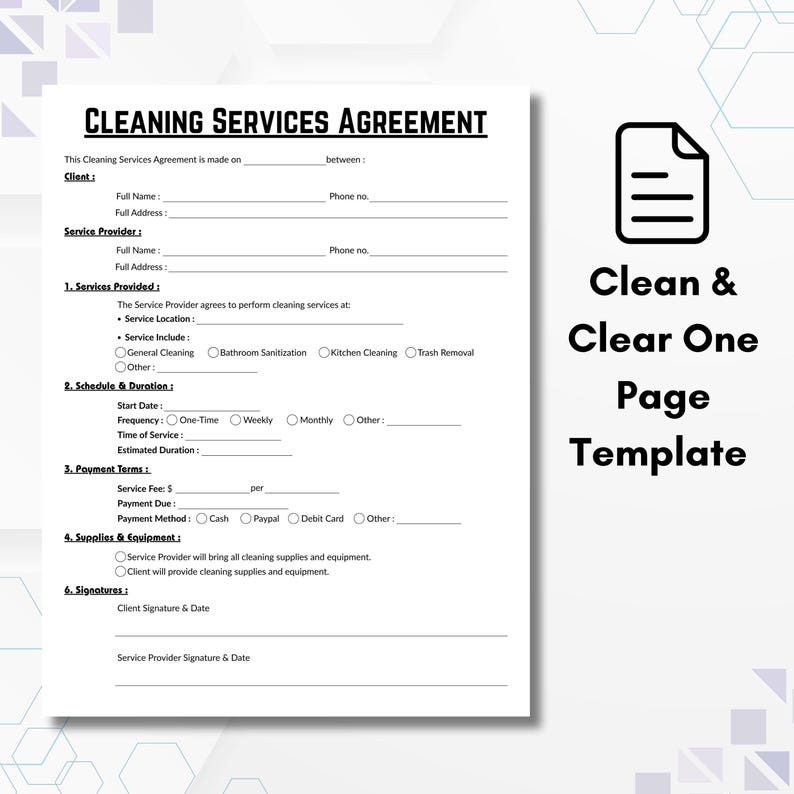Editable Cleaning Service Agreement Template, Single Page Cleaning Business Form, Printable ...