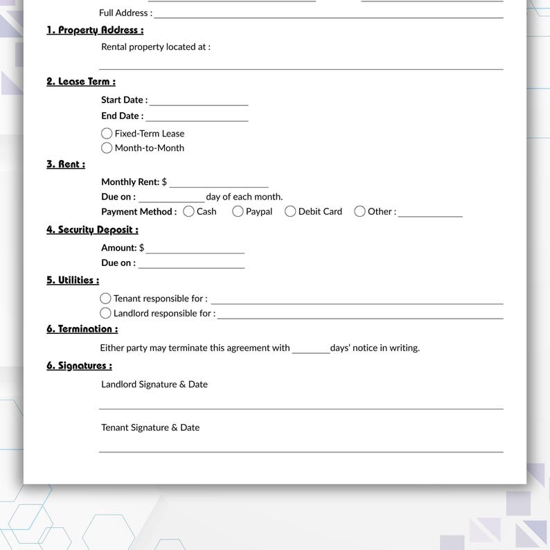 Editable Lease Agreement Template, Single Page Rental Agreement Form ...