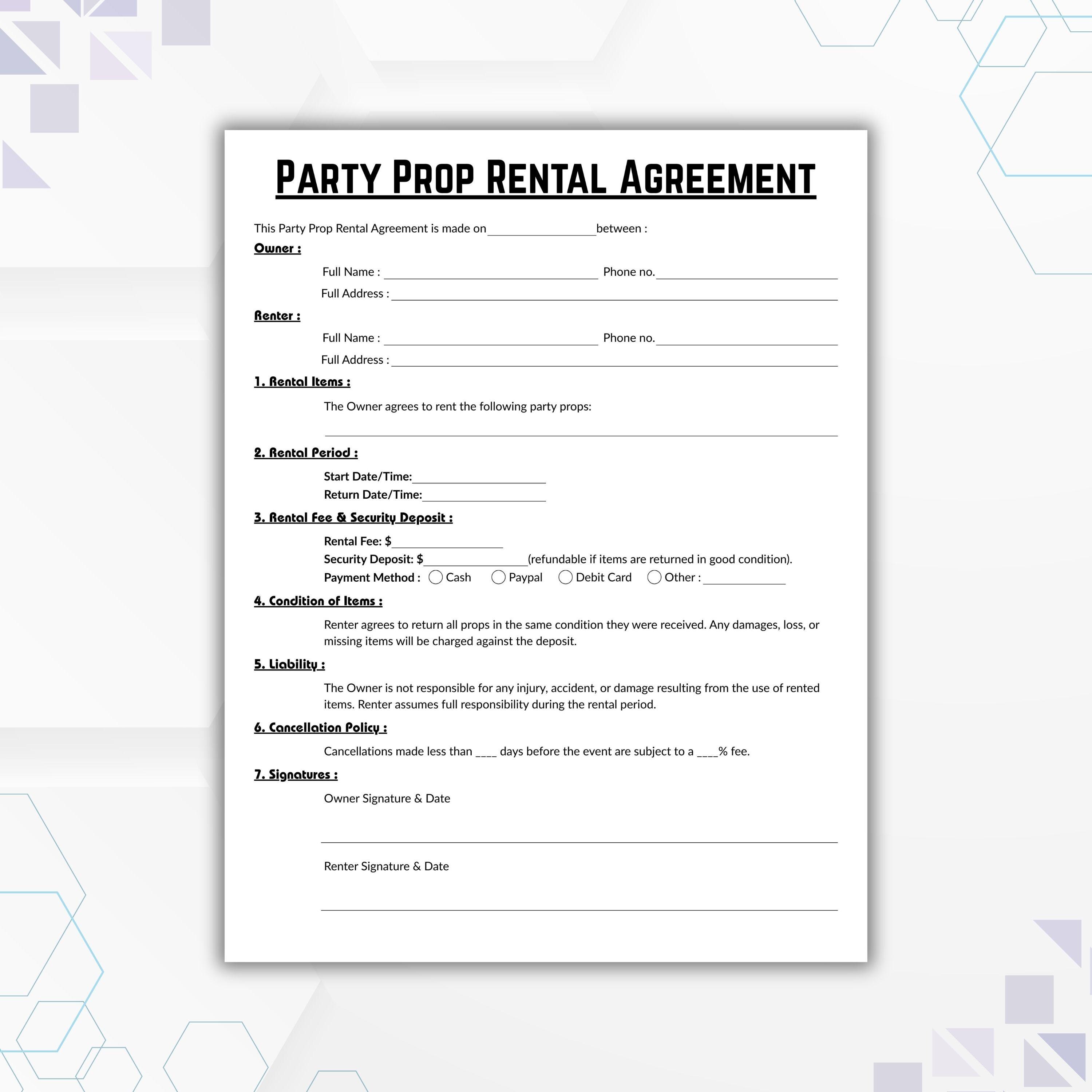 Editable Party Prop Rental Agreement, Simple Rental Form for Backdrops ...