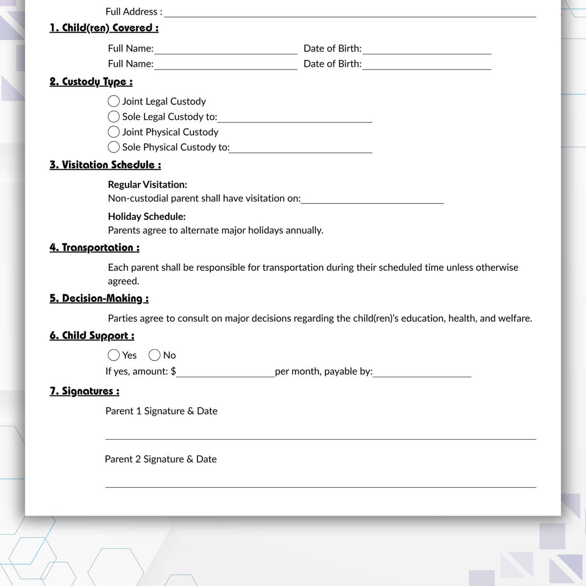 Editable Child Custody Agreement, Simple 50/50 Joint Custody Agreement ...