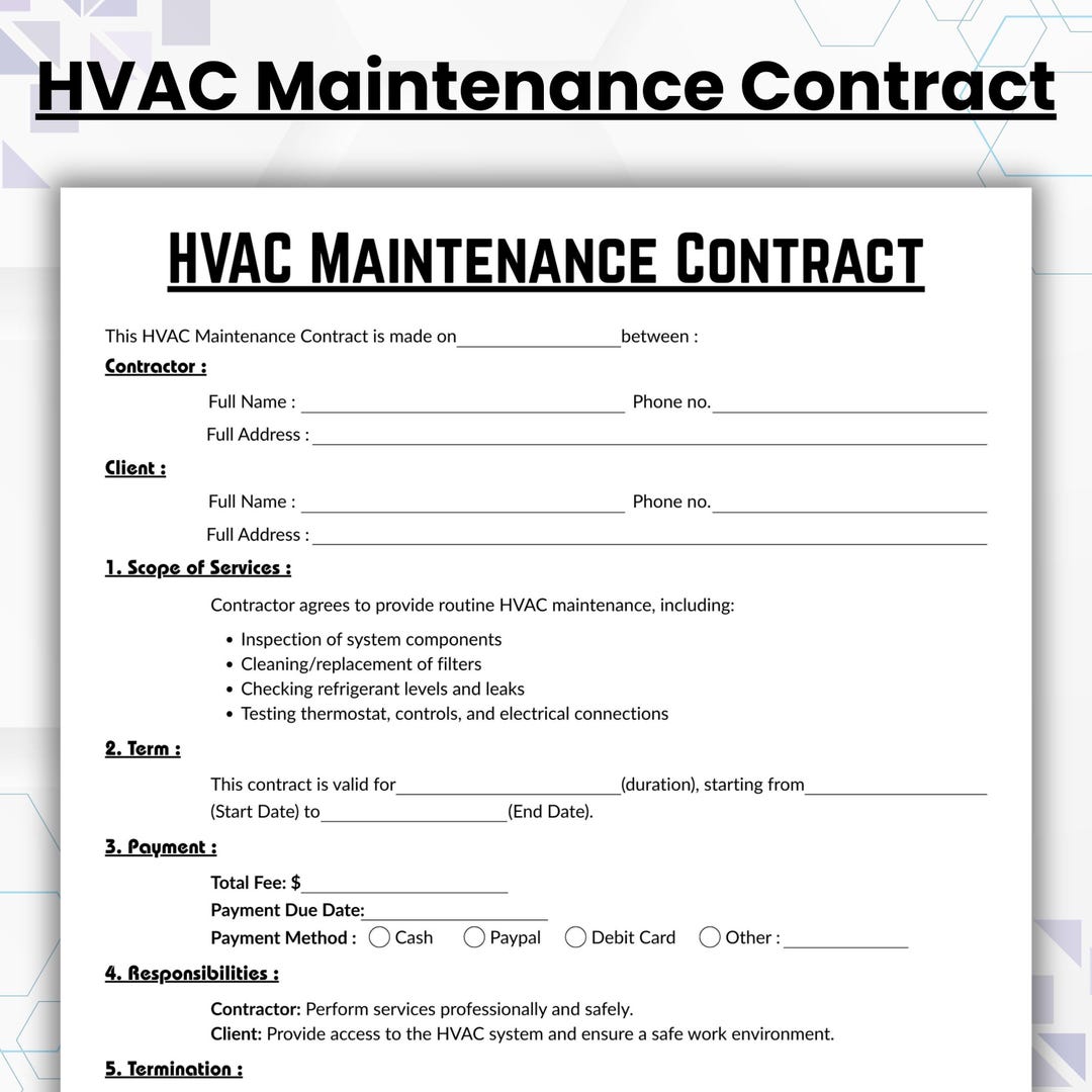 Editable HVAC Maintenance Contract, Simple Heating, Cooling Service ...