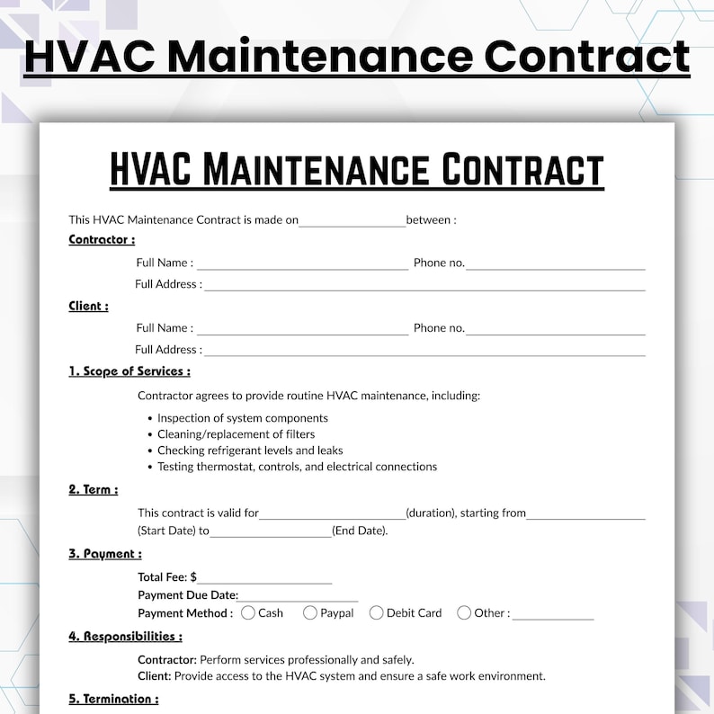 Editable HVAC Maintenance Contract, Simple Heating, Cooling Service ...