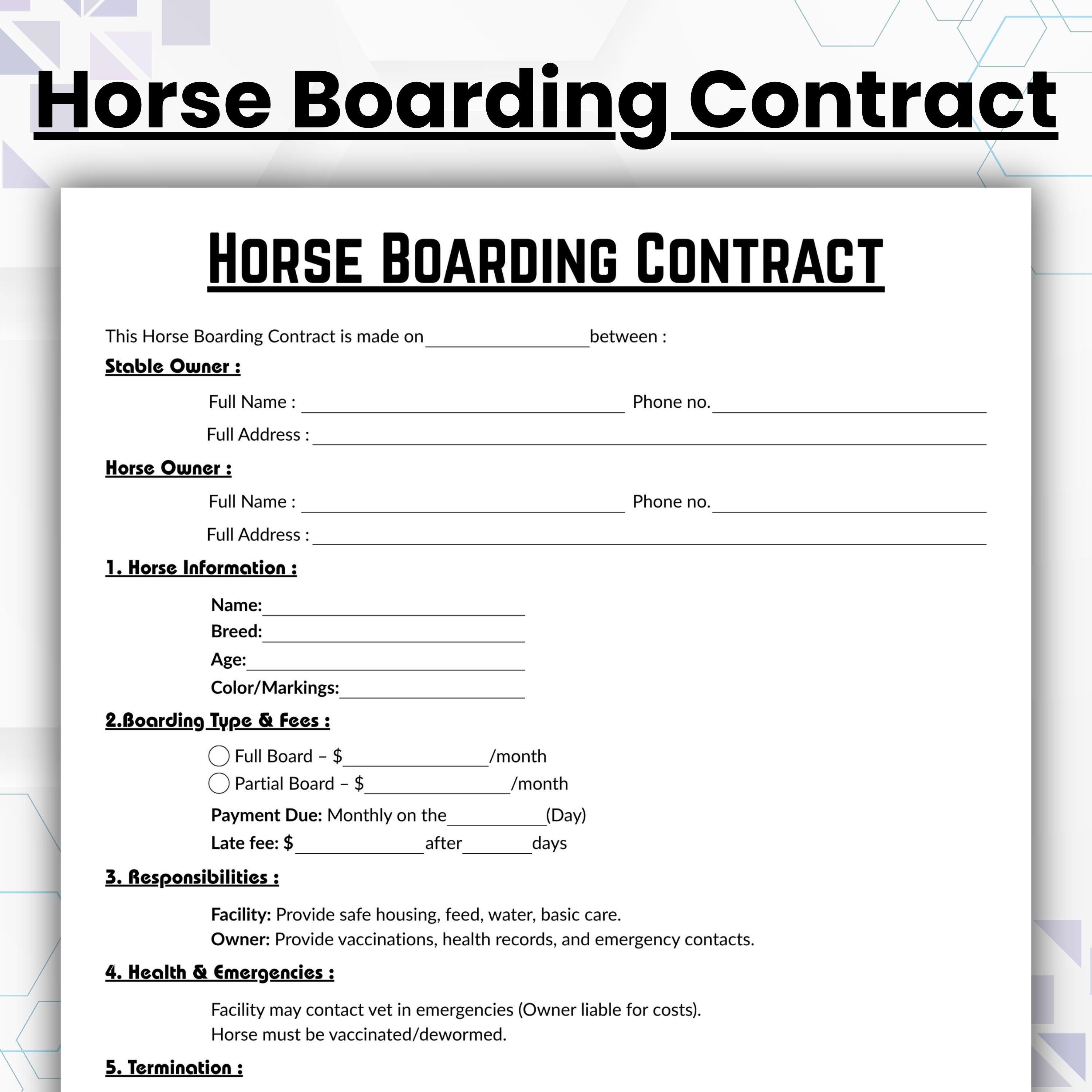 Editable Horse Boarding Contract Template, Single Equine Boarding ...