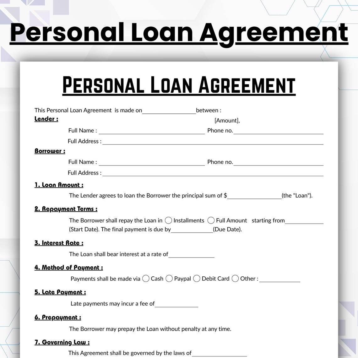 Editable Personal Loan Agreement Template, Single Page Loan Contract ...