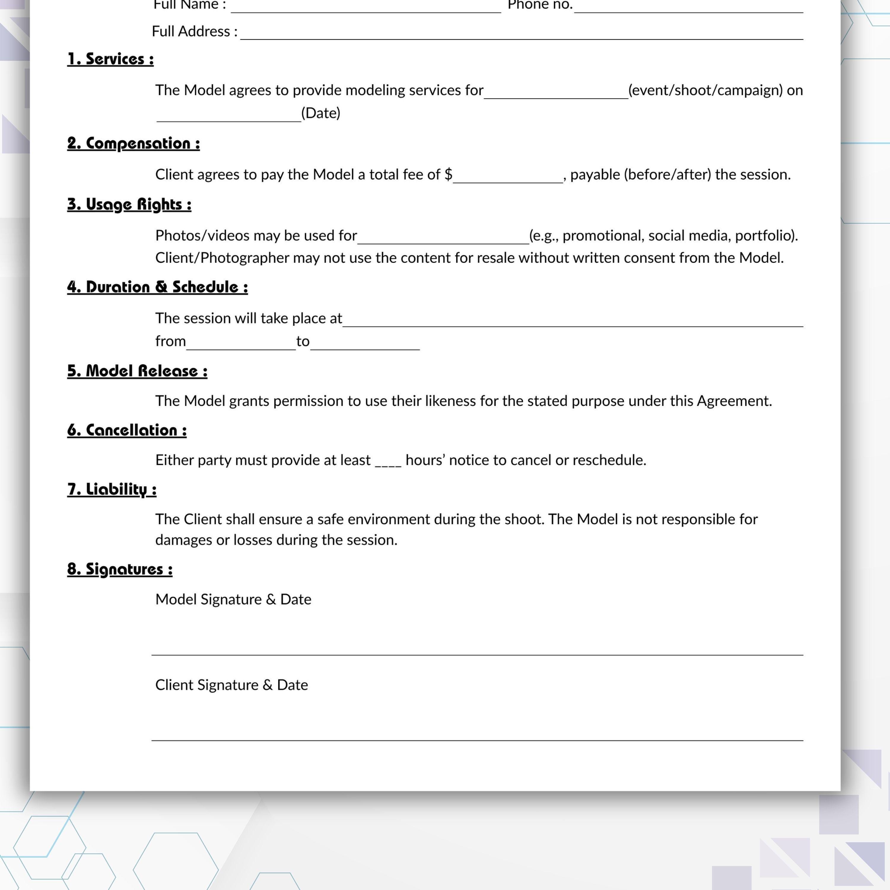 Editable Model Contract, Simple Modeling Services Form Template ...