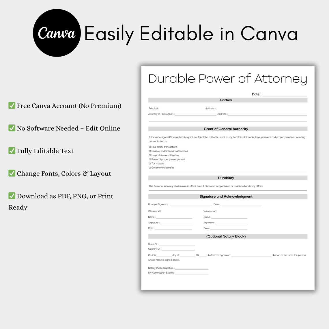 Minimalist Durable Power of Attorney, Simple Durable Financial POA Form ...