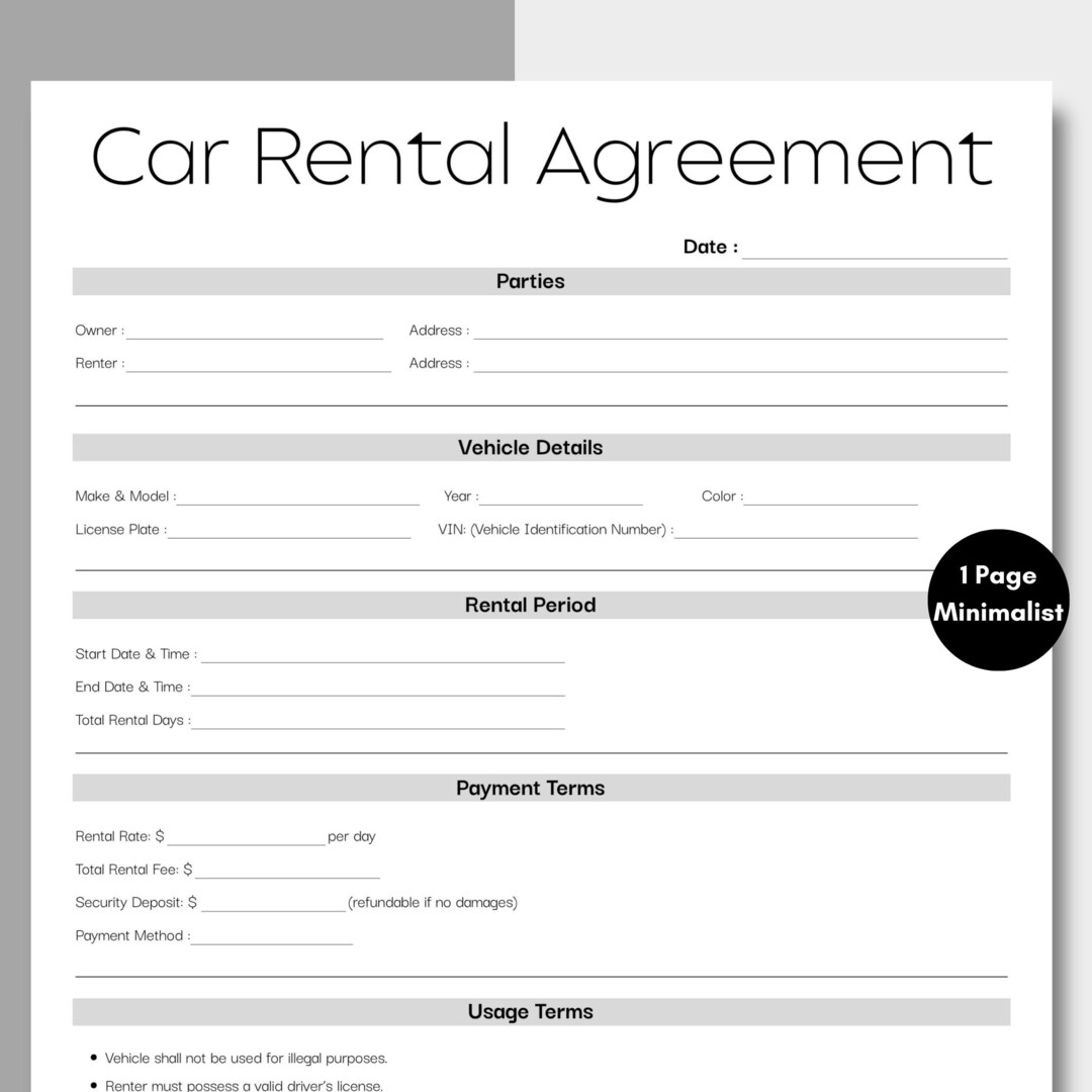 Minimalist Car Rental Agreement Template, Simple Car Rental Contract ...