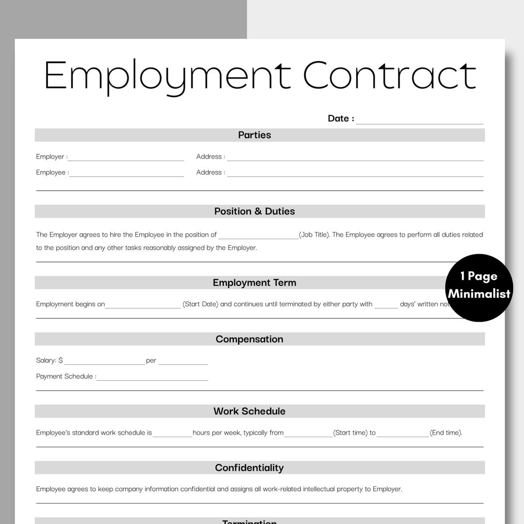 Minimalist Employment Agreement, Simple Job Agreement Form, Printable ...