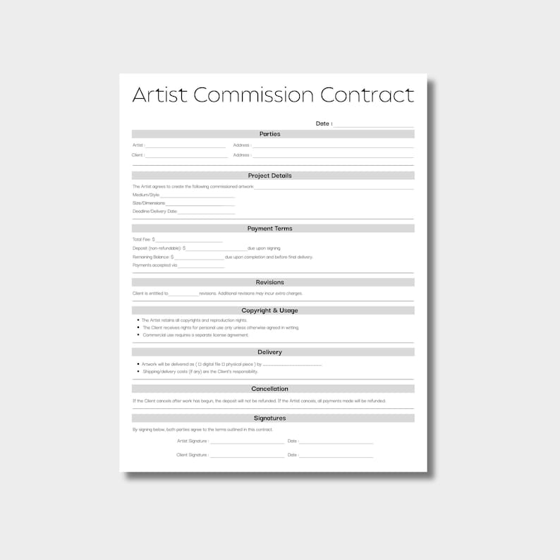 Minimalist Artist Commission Contract, Simple Agreement for Art ...
