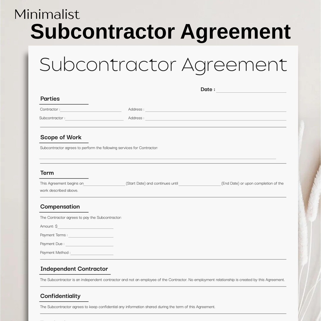 Minimalist Subcontractor Agreement Template, Simple Job Subcontractor ...