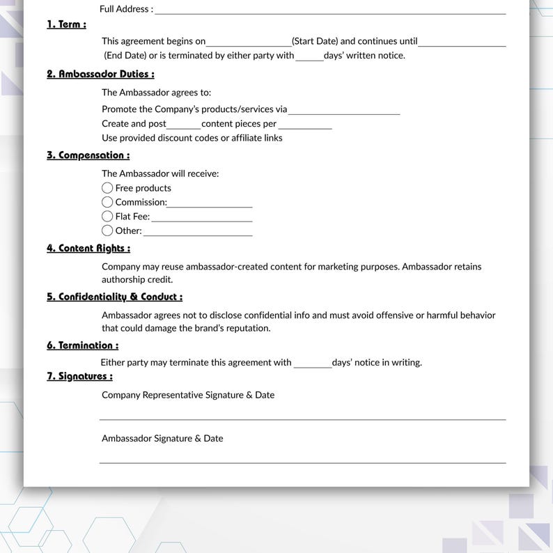 Editable Brand Ambassador Contract Template, Single Page Influencer ...