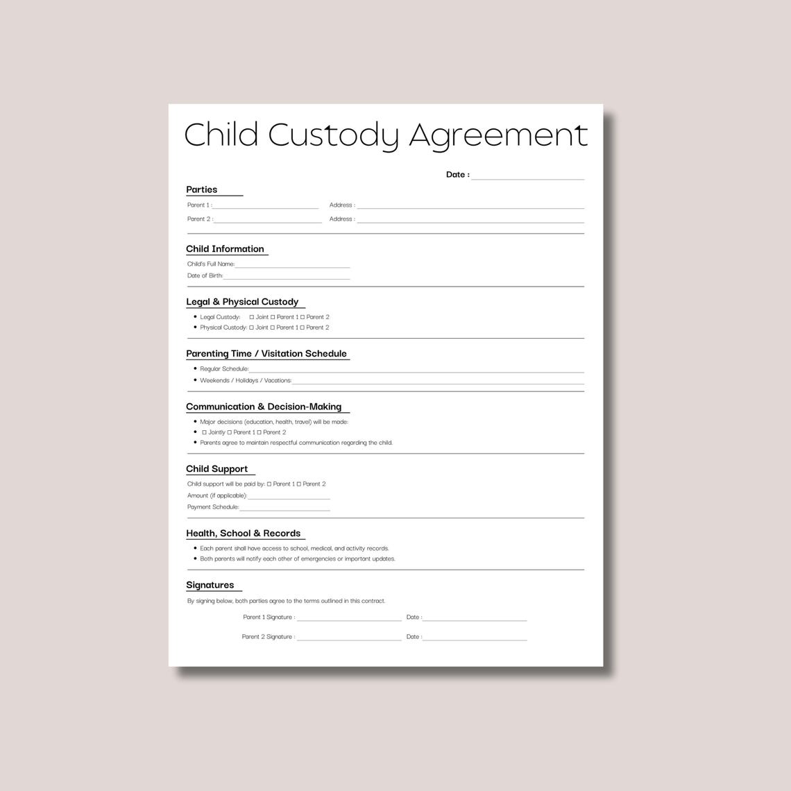 Minimalist Child Custody Agreement Template, Simple Editable Co ...