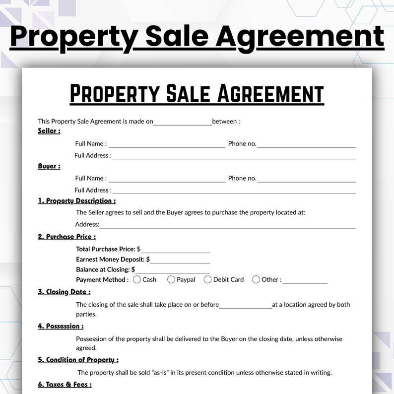 Editable Property Sale Agreement Template, Single Page Purchase ...