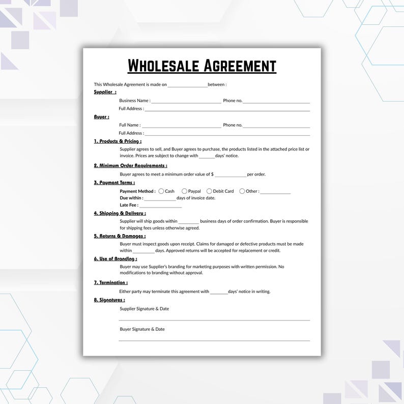 Editable Wholesale Agreement Template, Single Page Business Contract ...