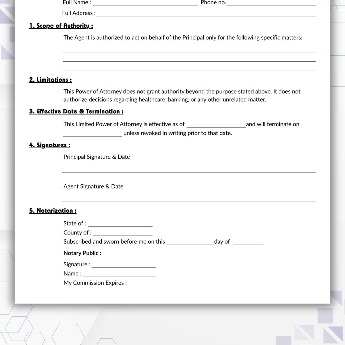 Editable Limited Power of Attorney Template, Single Page Standard POA ...