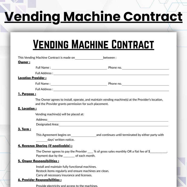 Editable Vending Machine Contract Template, Single Page Vending Rental Form, Printable Snack ...