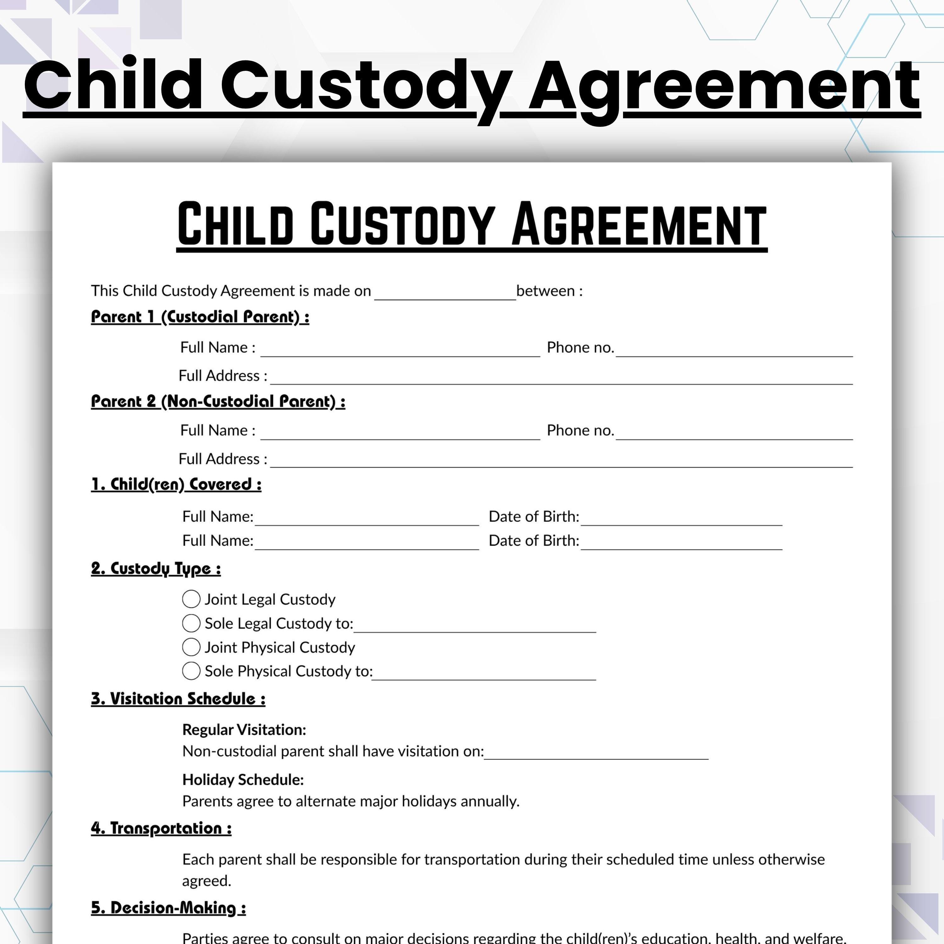 Editable Child Custody Agreement, Simple 50/50 Joint Custody Agreement ...