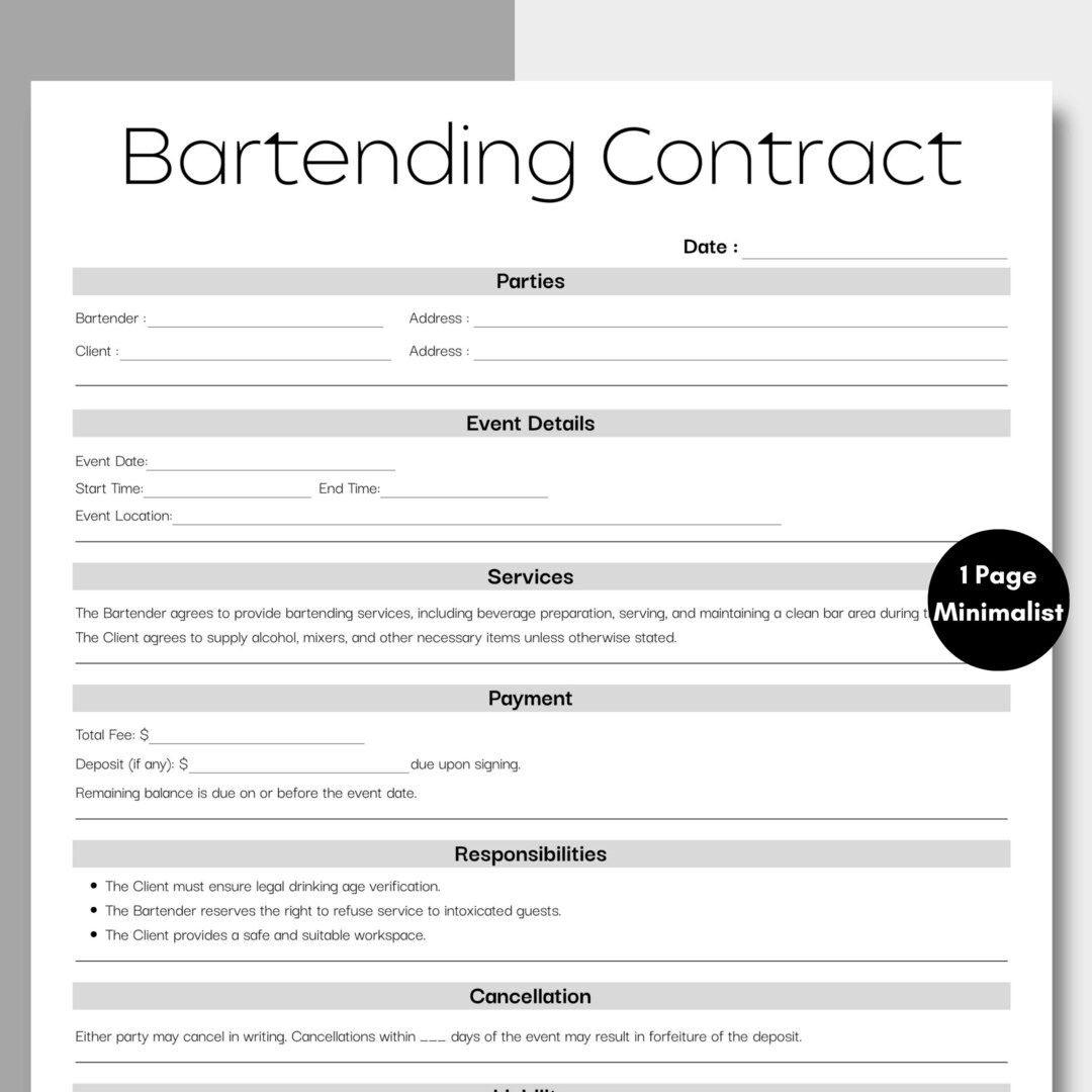 Minimalist Bartending Contract, Simple Bartender Agreement Template ...