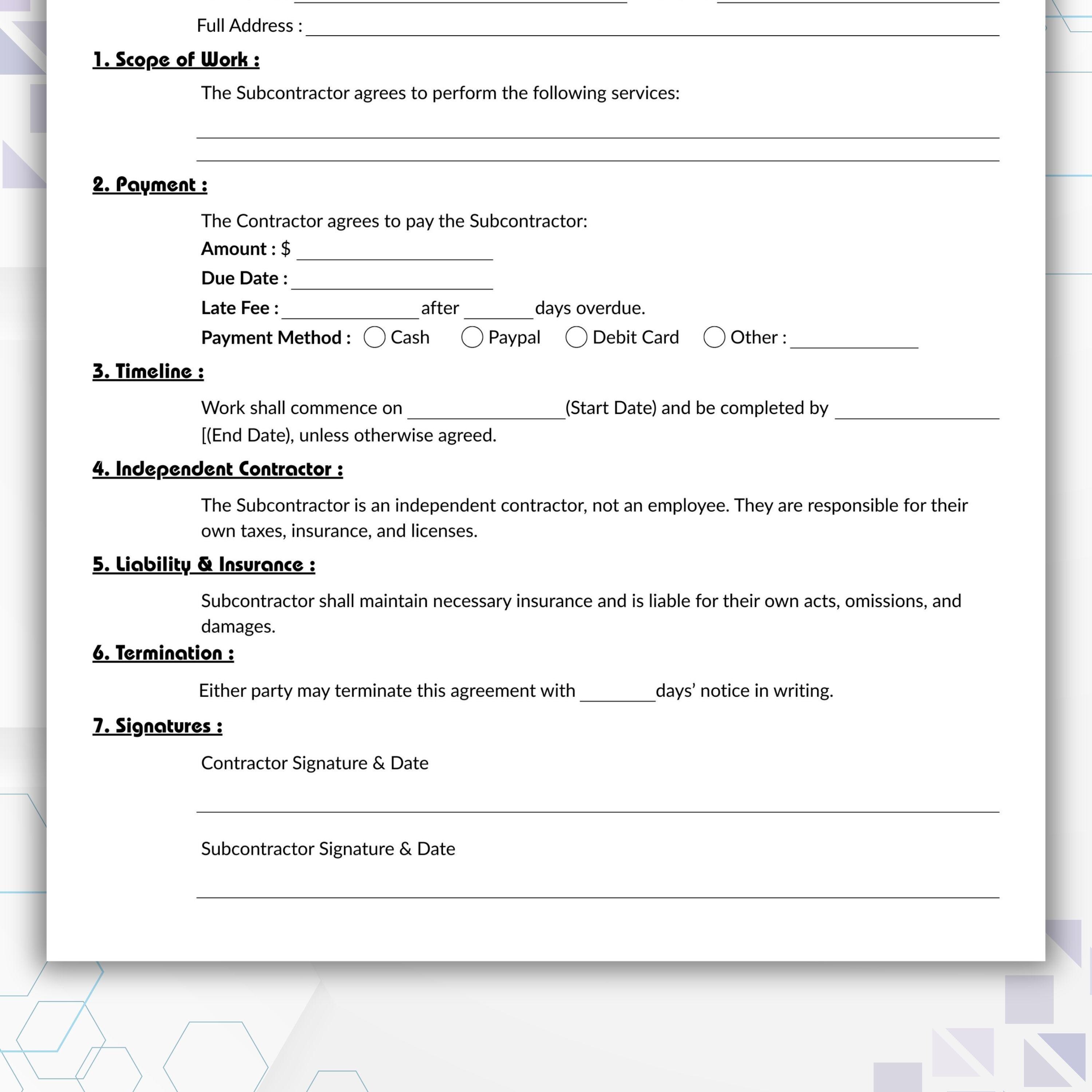 Editable Subcontractor Agreement Template, Single Page Subcontractor ...