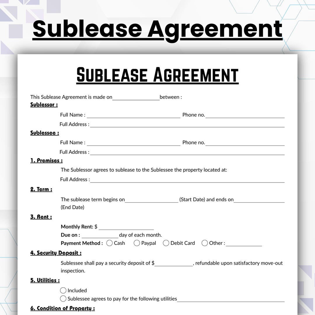 Editable Sublease Agreement Template, Single Page Commercial Sublet ...