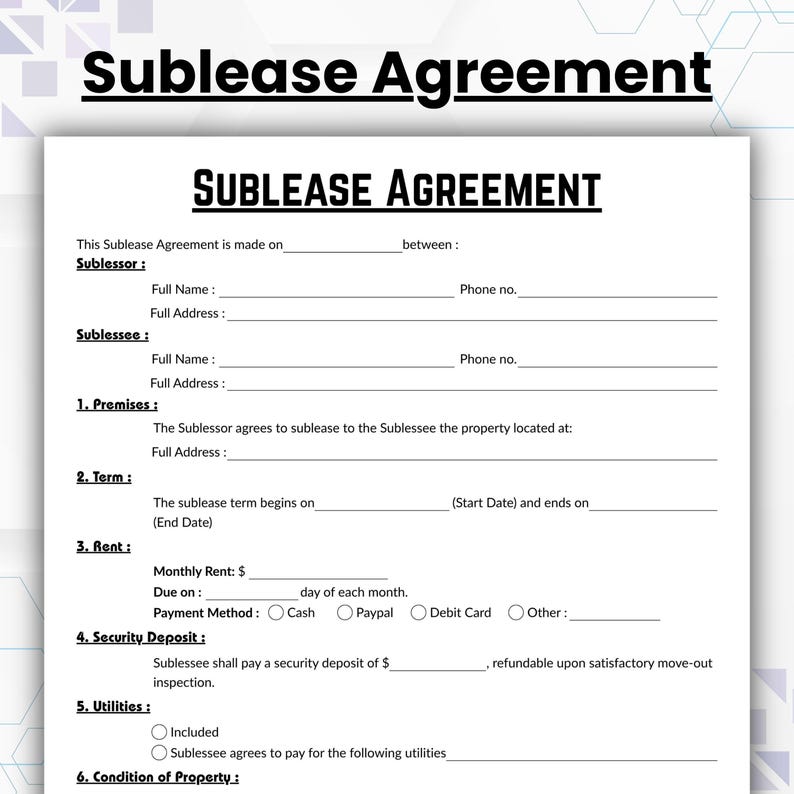 Editable Sublease Agreement Template, Single Page Commercial Sublet ...
