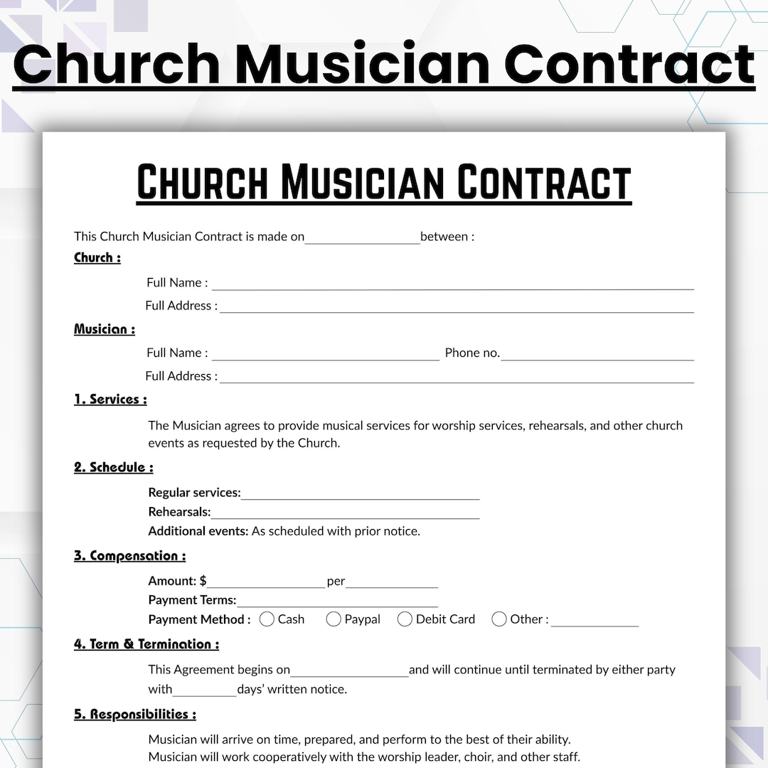 Editable Church Musician Contract, Simple Worship Team & Music Ministry ...