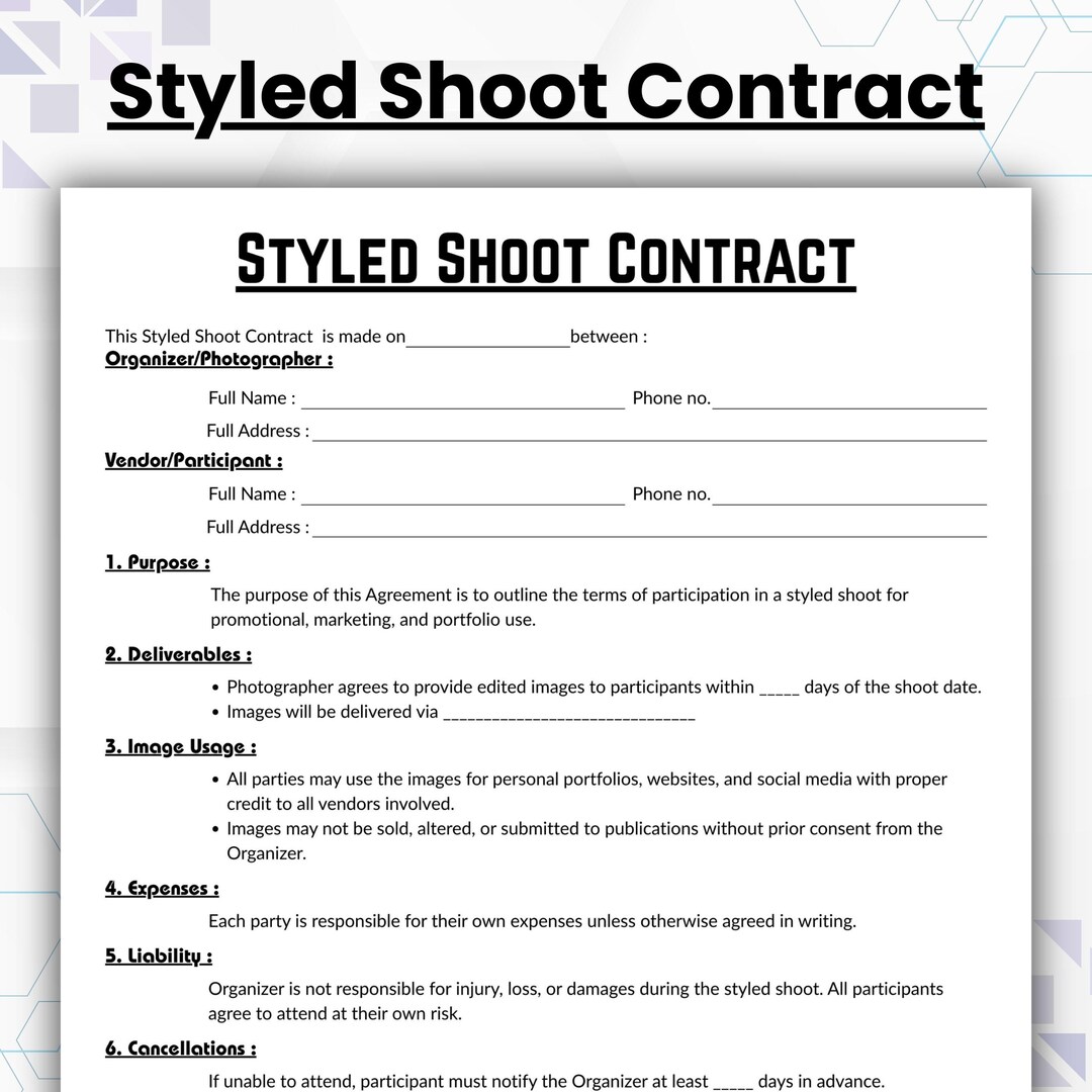 Editable Styled Shoot Contract, Simple Wedding, Fashion Shoot Template ...