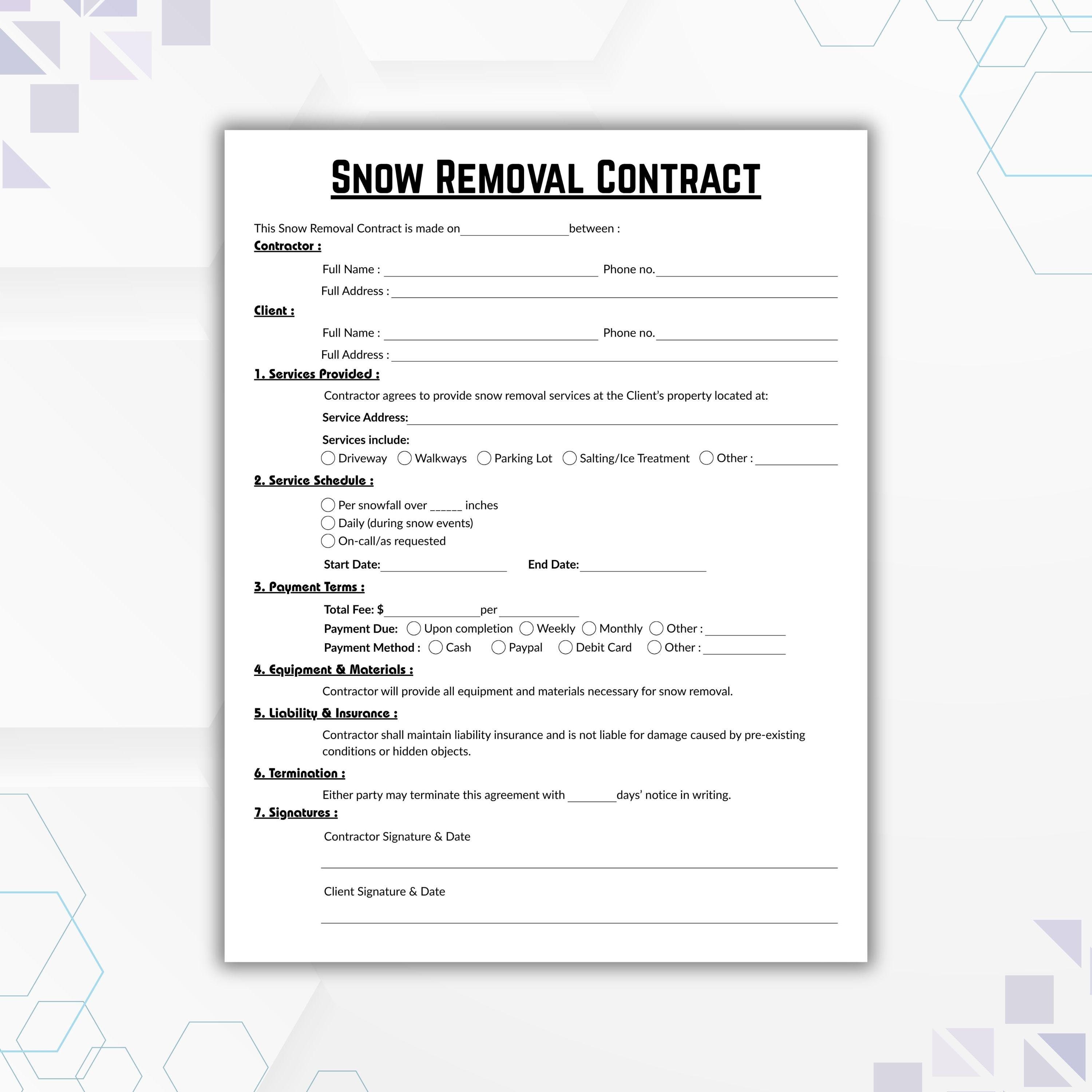 Editable Snow Removal Contract Template, Single Page Residential Snow ...