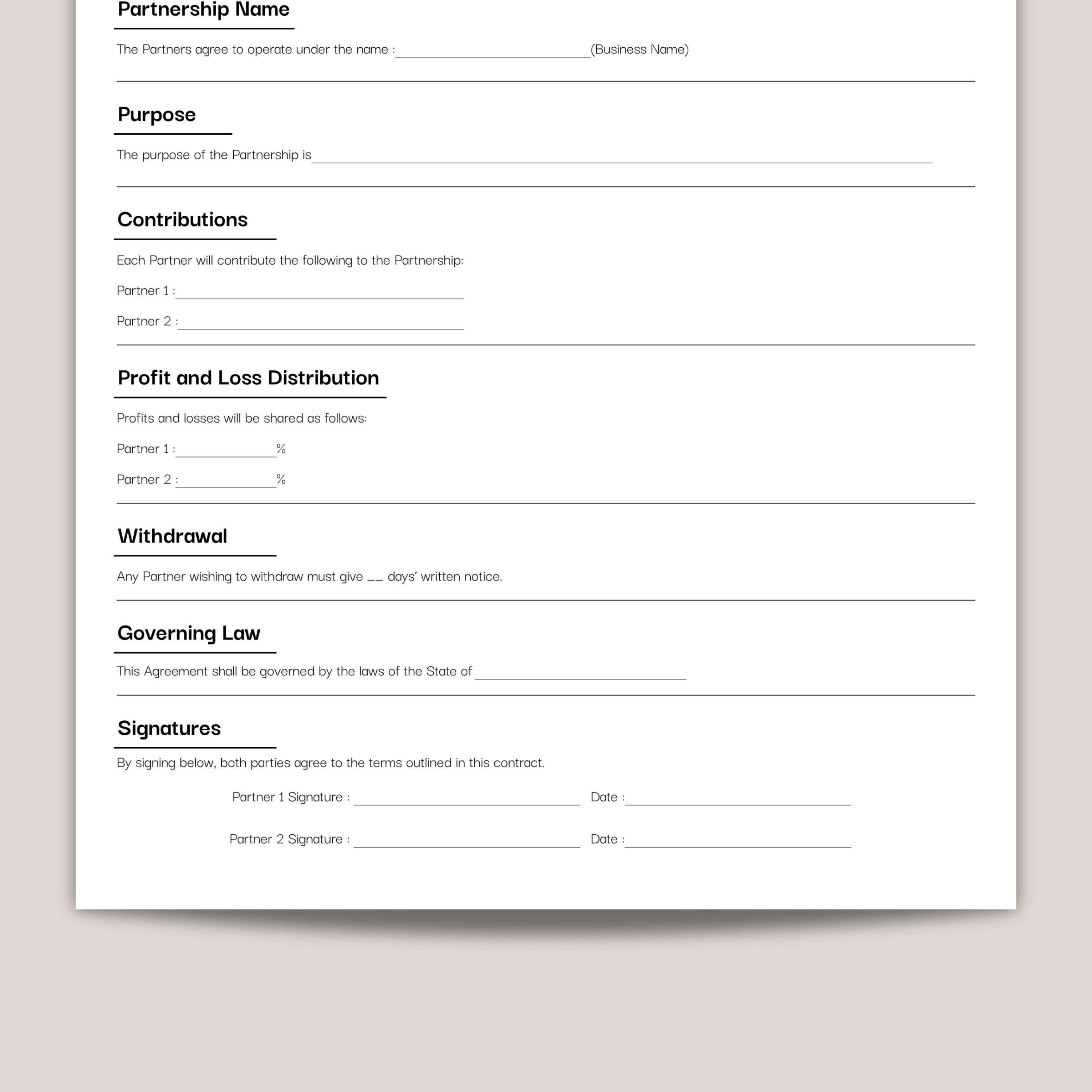 Minimalist Partnership Agreement Template, Simple Business Contract ...