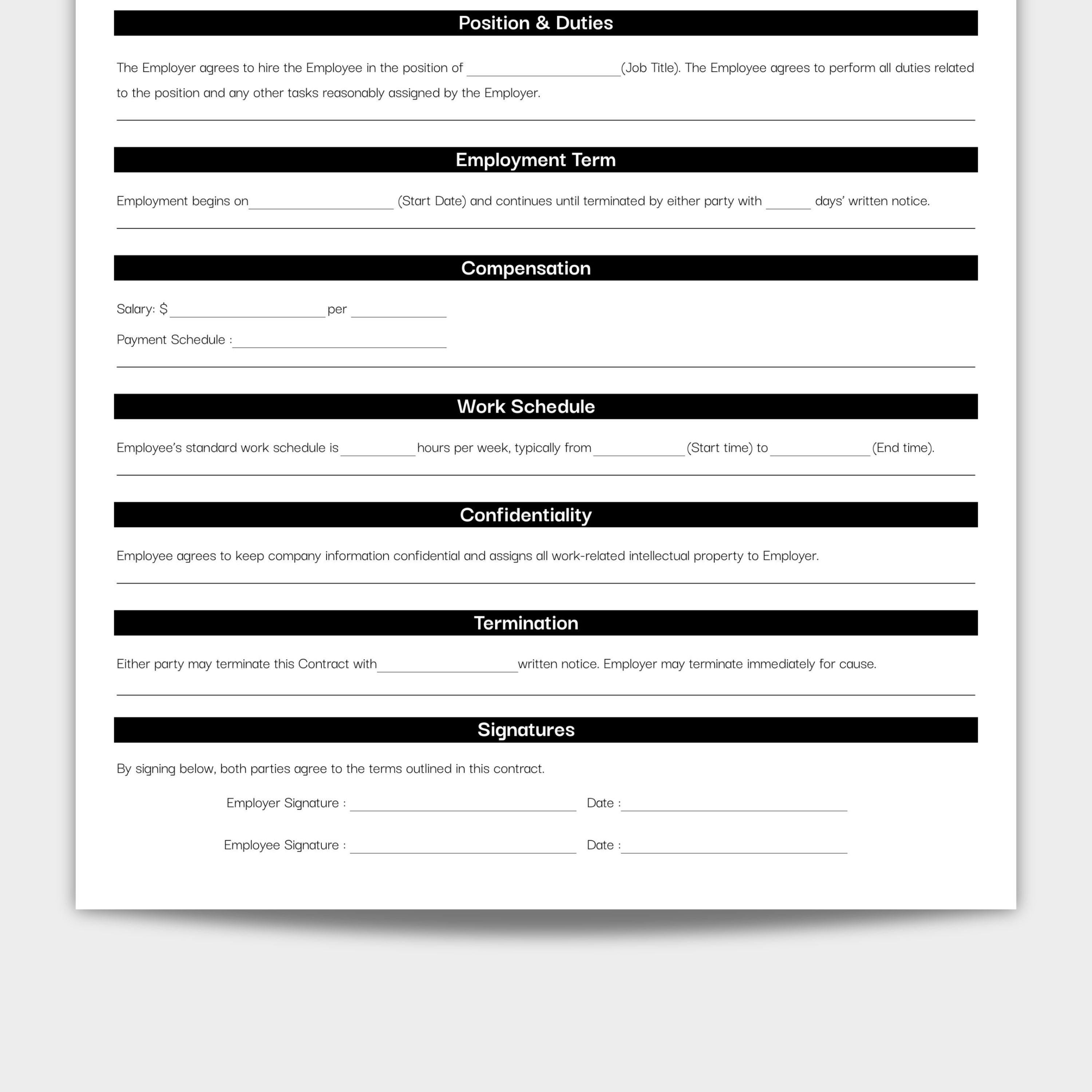 Minimalist Employment Contract Black, Simple Job Agreement Form ...