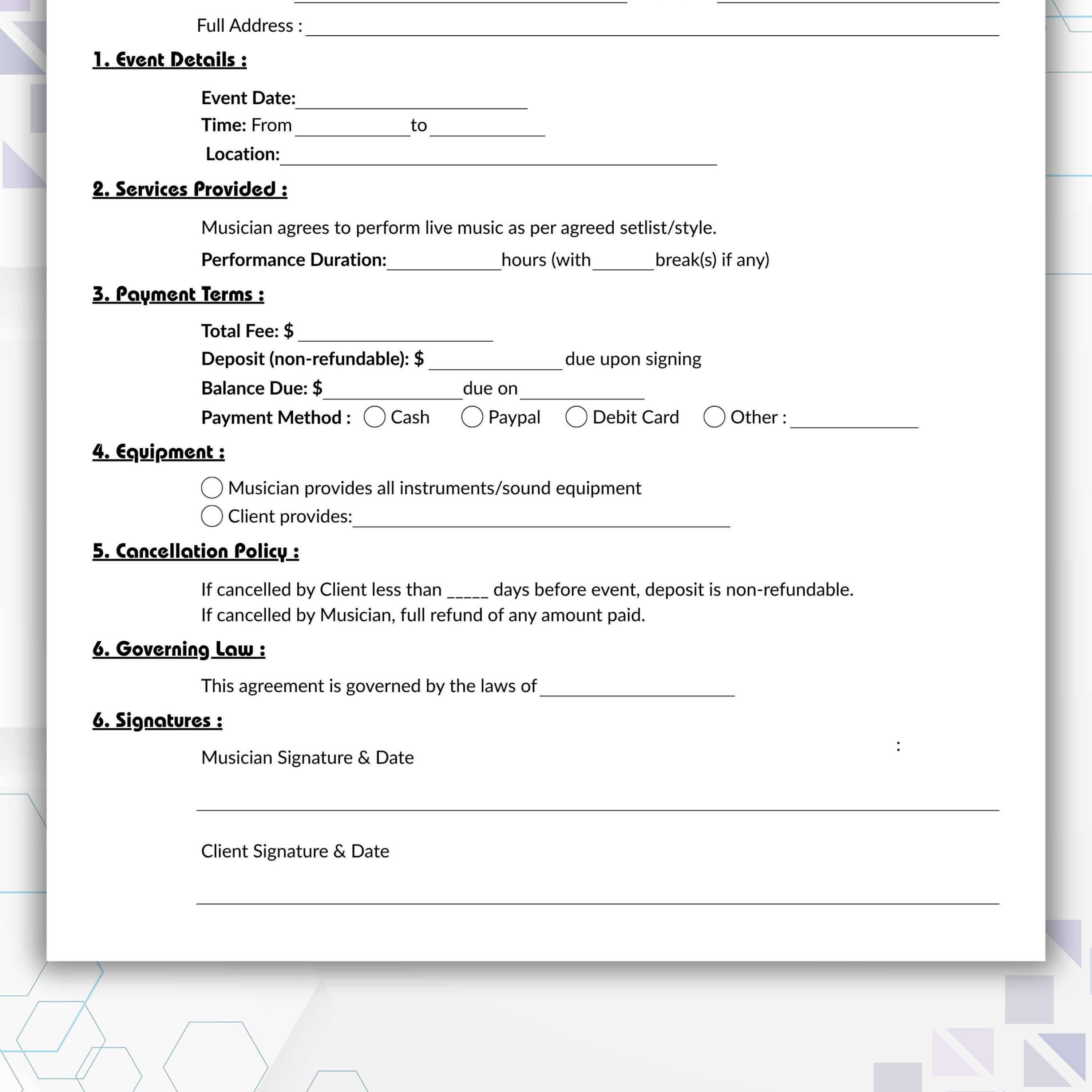 Editable Musician Contract Template, Single Page Musician Collaboration ...