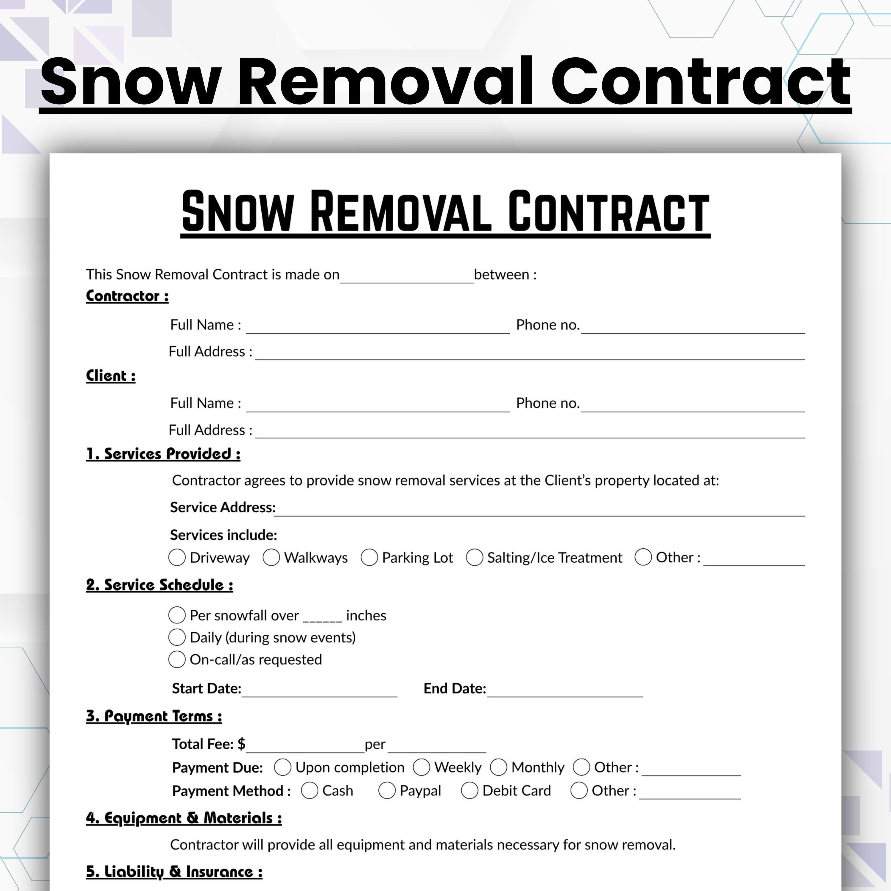 Editable Snow Removal Contract Template, Single Page Residential Snow ...