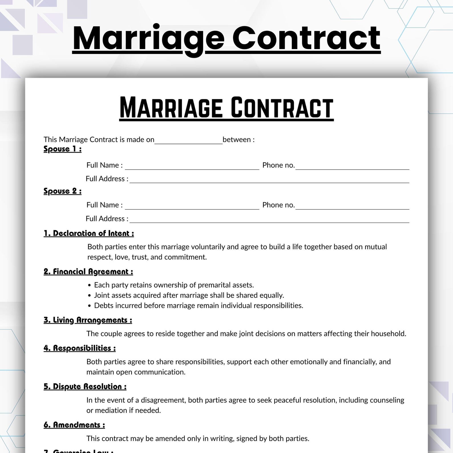 Editable Marriage Contract, Simple Relationship Agreement for Couples ...