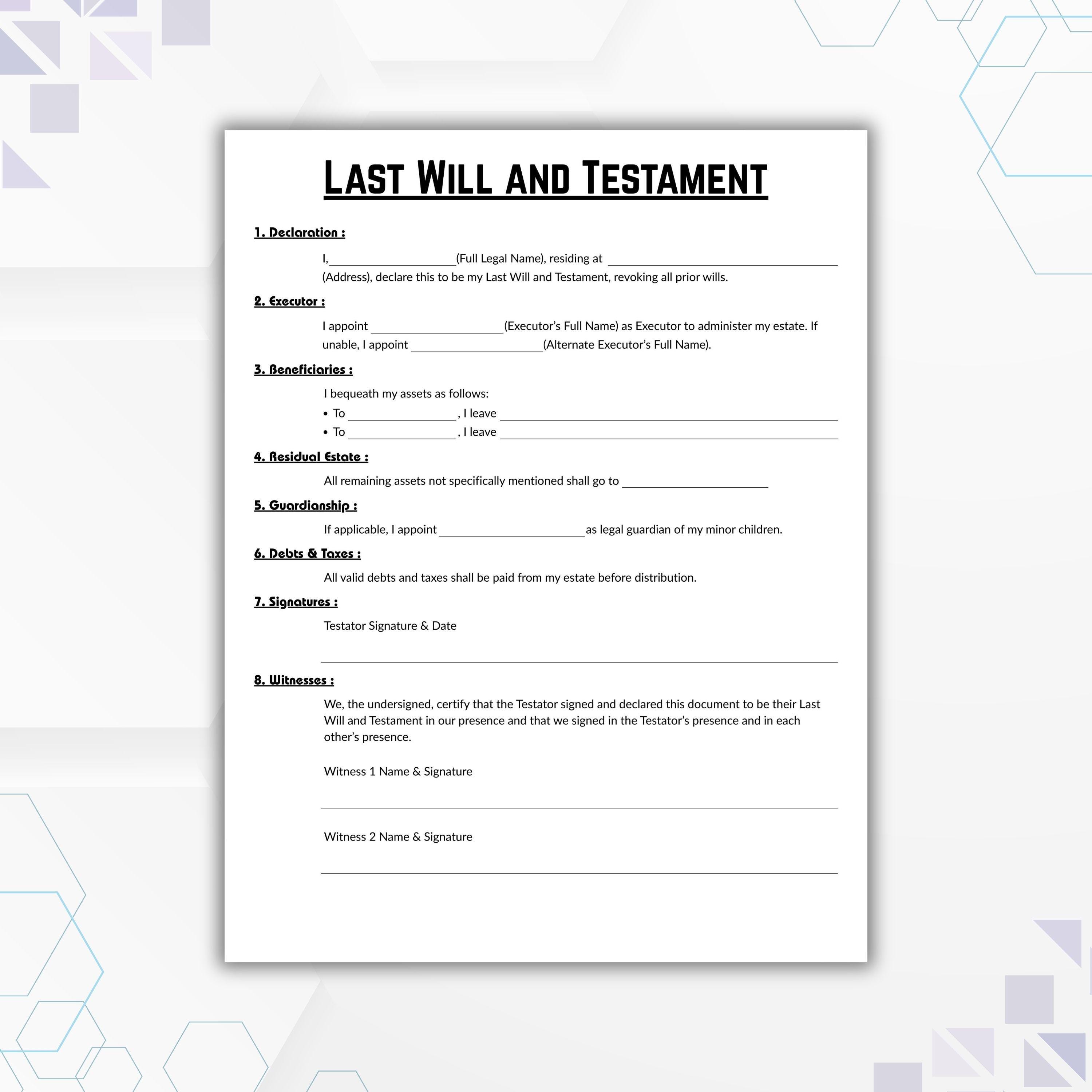 Editable Last Will and Testament Template, Single Page Testament Form ...