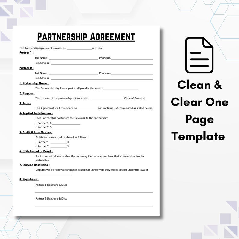Editable Partnership Agreement Template, Single Page 50-50 Business ...