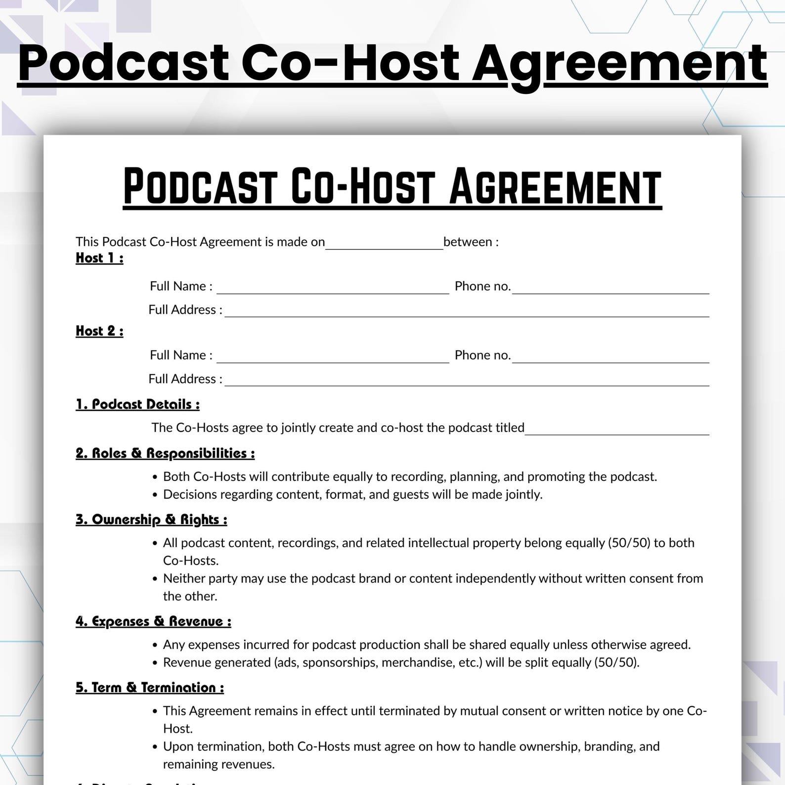 Editable Co-host Agreement, Simple Podcast Collaboration Contract ...