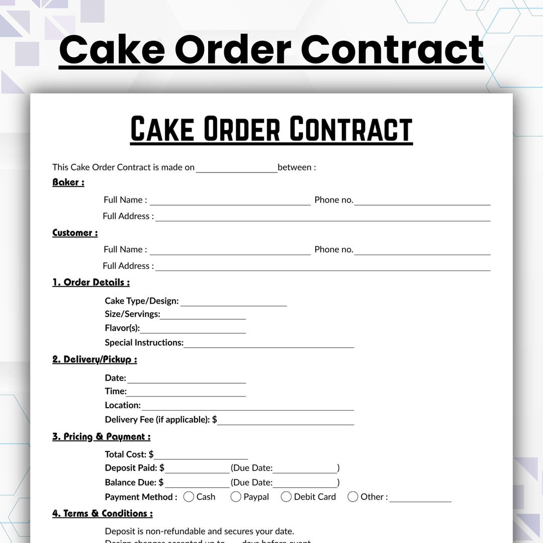 Editable Cake Order Contract Template, Single Page Cake Order Form ...