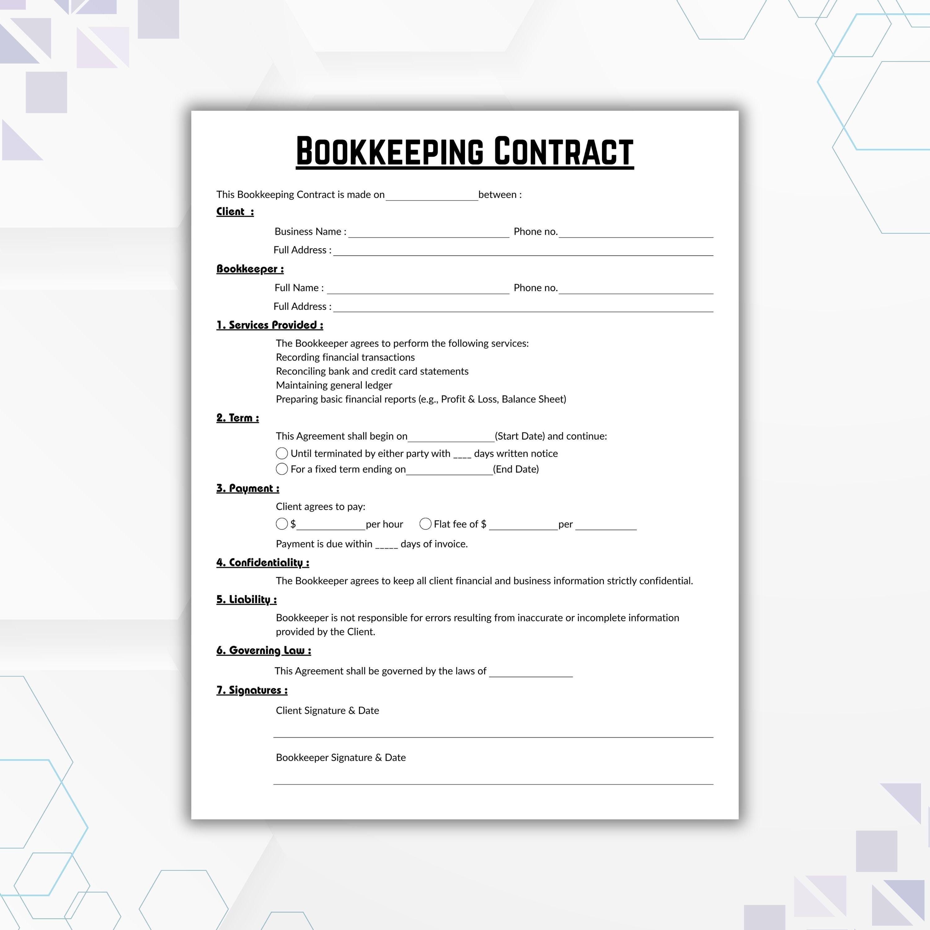 Editable Bookkeeping Contract Template, Single Freelance Bookkeeper ...