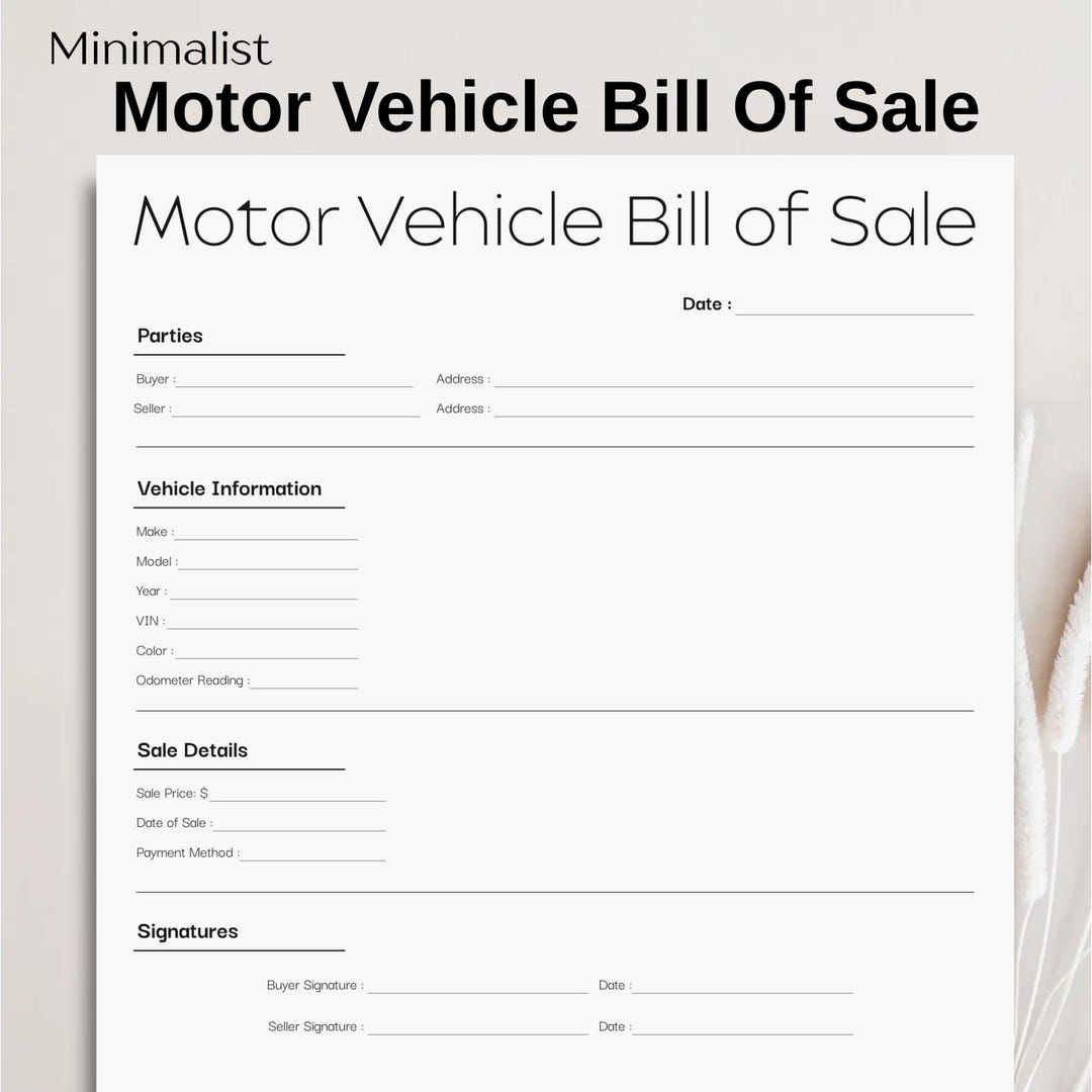 Minimalist Motor Vehicle Bill of Sale Form, Simple Car Sale Template ...