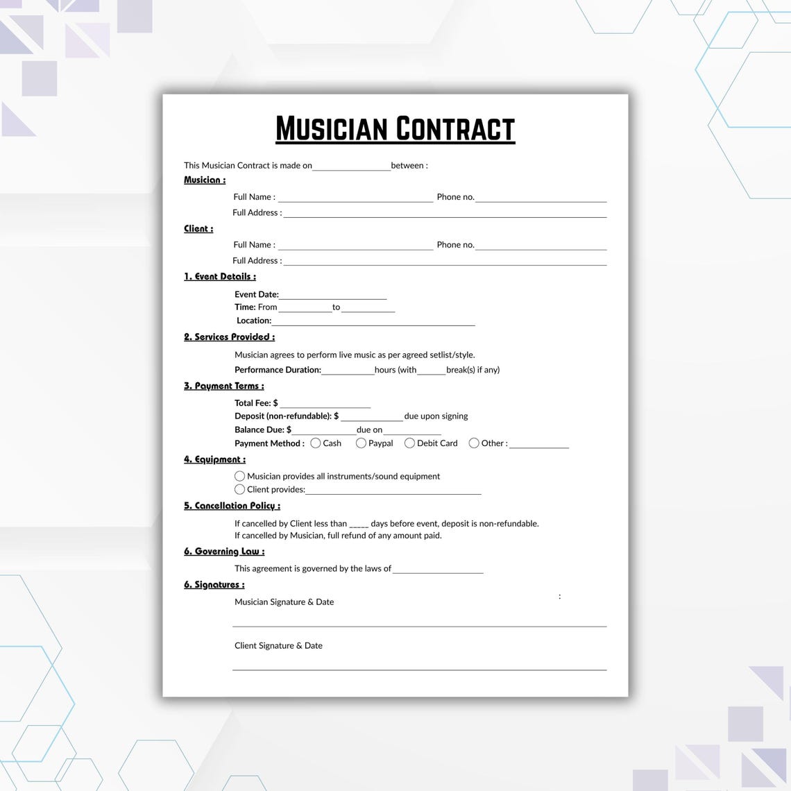 Editable Musician Contract Template, Single Page Musician Collaboration ...