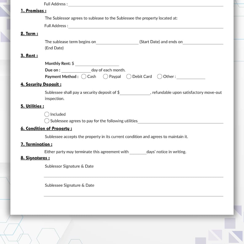 Editable Sublease Agreement Template, Single Page Commercial Sublet ...
