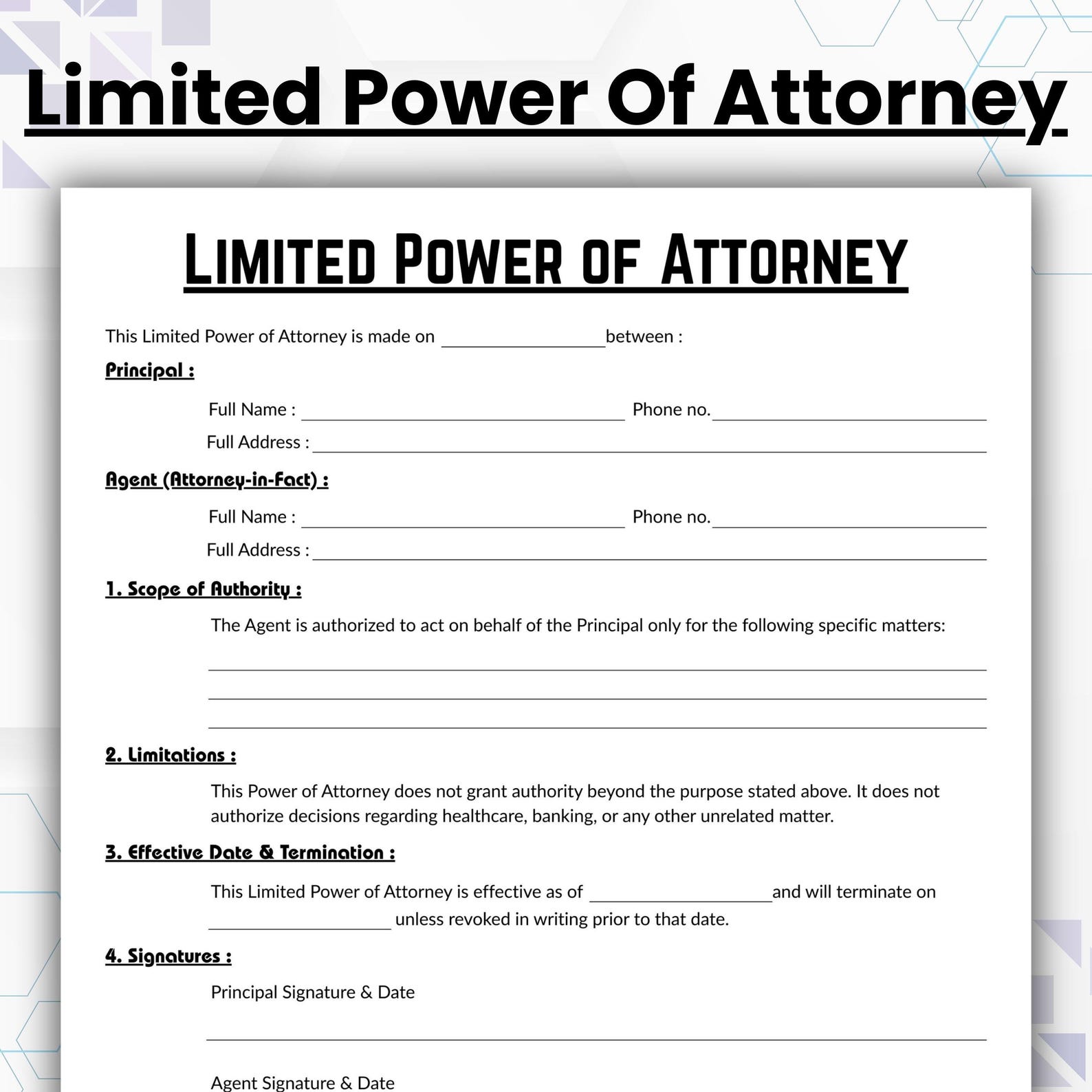 Editable Limited Power of Attorney Template, Single Page Standard POA ...