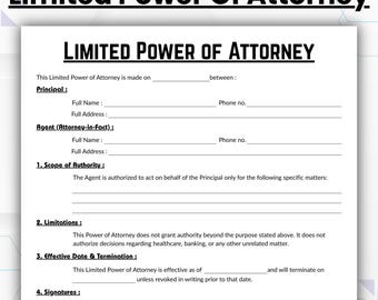 Limited Power of Attorney File, Editable Standard POA, Finance Property ...