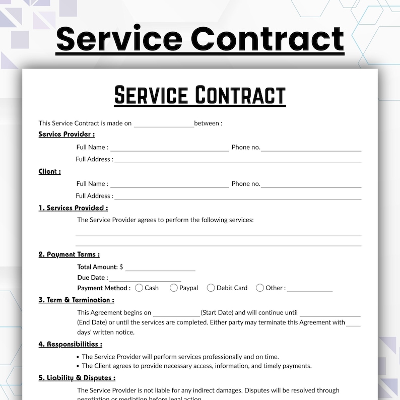 Editable Service Contract Template, Single Page Services Contract ...